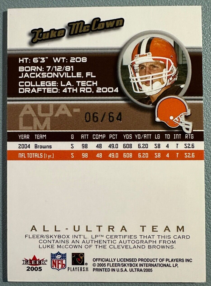 LUKE MCCOWN 2005 Fleer Ultra All-Ultra Team Autograph Gold 06/64 | eBay