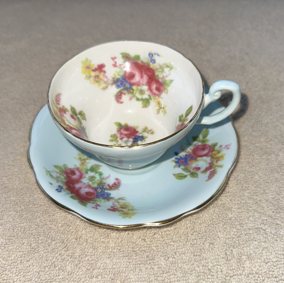 Vintage EB 1850 Foley Bone China Cup and Saucer Pale Blue Gold Floral ...
