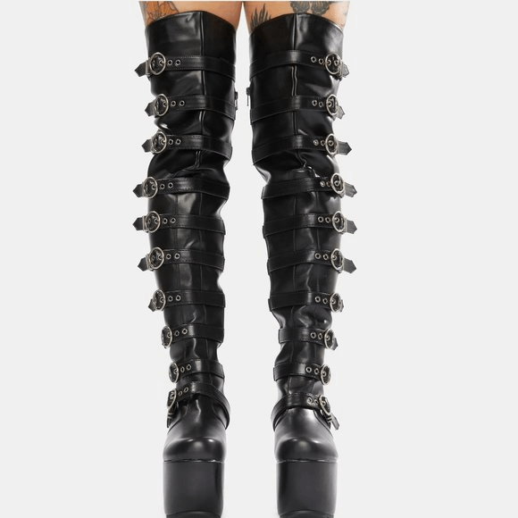 Goth Punk Platform Thigh-High Boots Black Chunky Heel Boots w/ Buckle ...