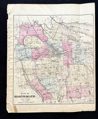 1874 HAND-COLORED Street Map of ONONDAGA COUNTY NEW YORK Syracuse ...