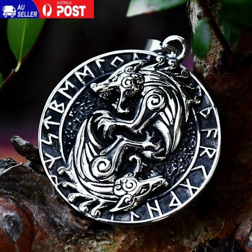 Men Punk Viking Lune Runes Double Wolf Pendant Domineering Animal Totem ...