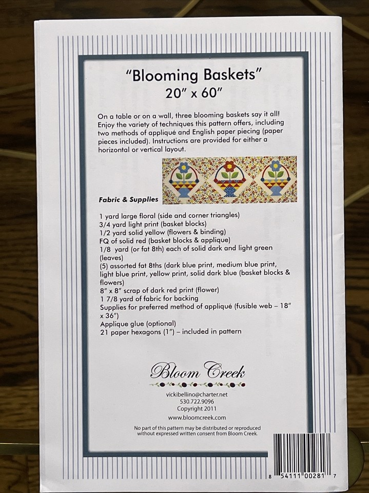 Blooming Baskets Quilt Pattern, Wall Hanging, 20”x60” | eBay