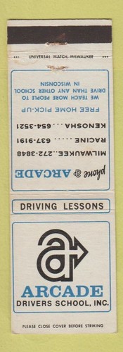 Matchbook Cover - Arcade Driving School Milwaukee Racine Kenosha WI | eBay