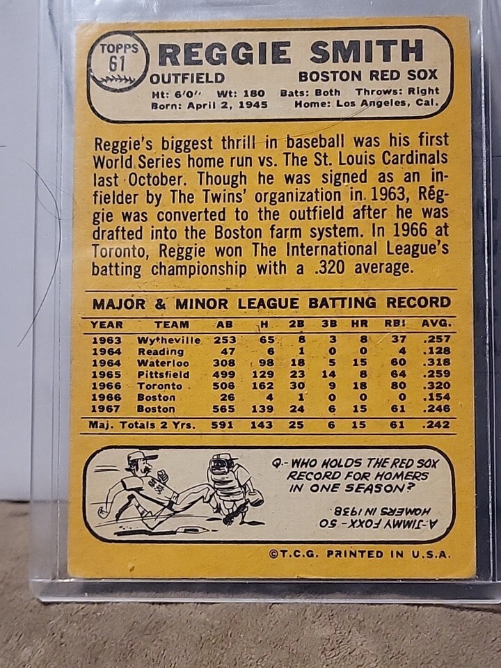 Reggie Smith Topps 1968 Card # 61 All Star Rookie Trophy 1967 Boston ...
