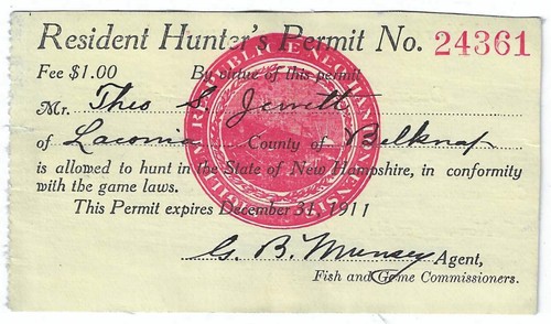 1911 New Hampshire Resident Hunter's Permit Card Antique Fish Game NH ...
