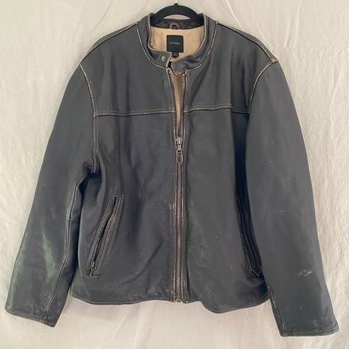 Express Mens XL Leather Jacket Biker Motorcycle Heavy Coat Brown | eBay