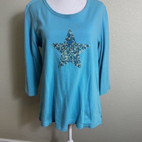 Quacker Factory Blue Women's Top 3/4 Sleeves Blue T-shirt Sequin Star ...