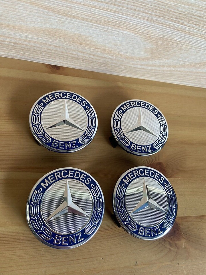4x For Mercedes Wheel Center Caps Dark Blue 75mm Rim Emblem OEM Hubcaps ...