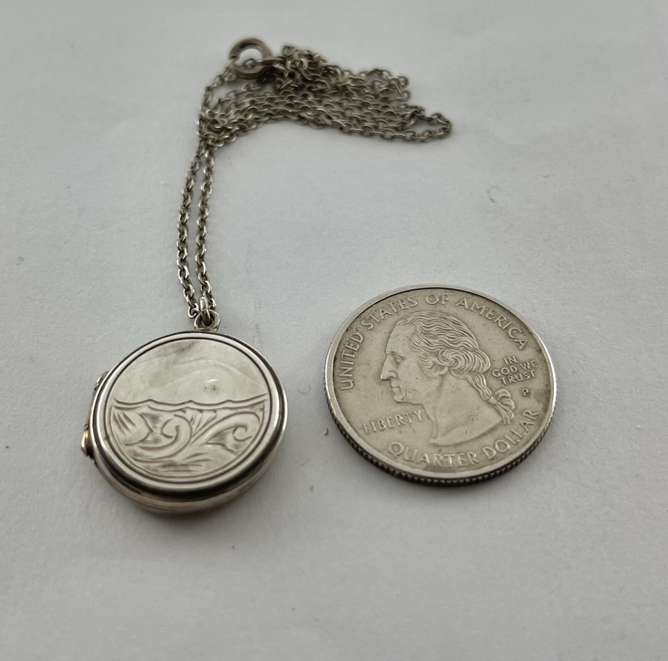 Vintage Sterling Lower Half Engraved Wave & Swirls Locket Chain Pendant ...