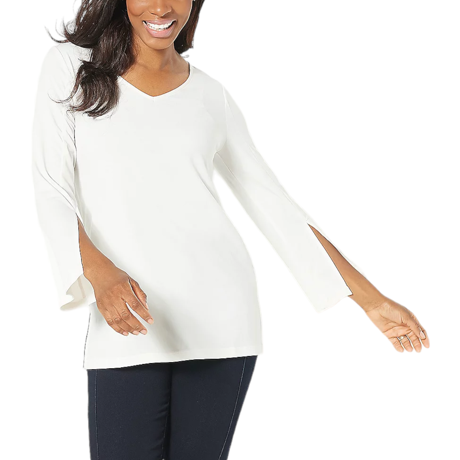 Susan Graver Liquid Knit V-Neck Split Sleeve Tunic Antique Ivory | eBay