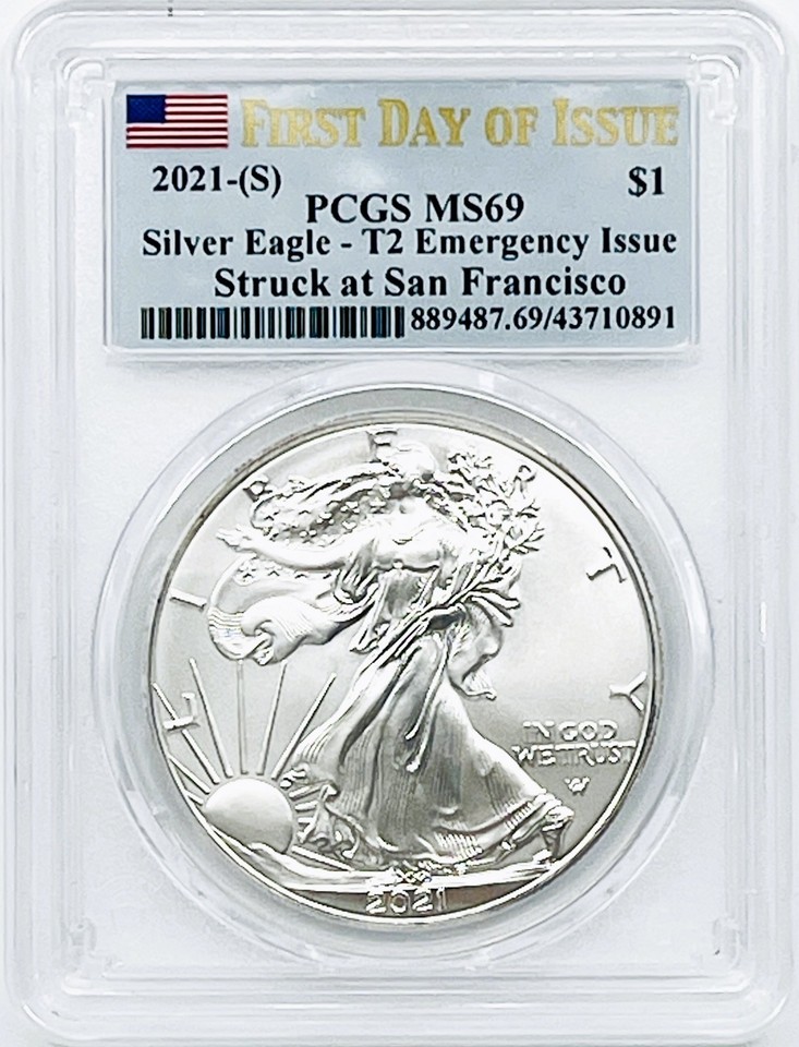 2020–2021 Silver Eagle Emergency Issue Set (5) PCGS MS69 FDOI Flag ...