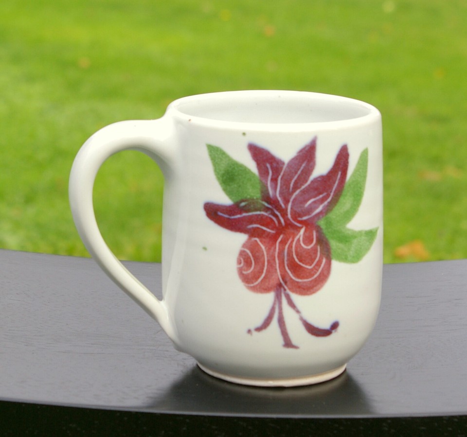 White Glazed Fuchsia Flower Pottery Coffee Mug 4" Tall Floral Signed by ...