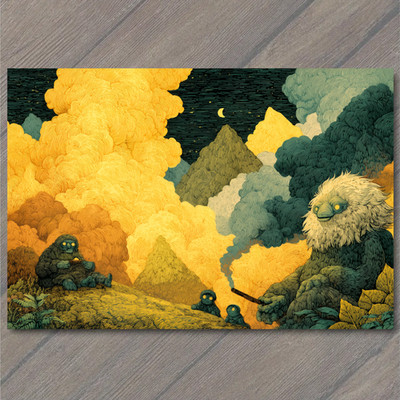 Art Print Forest Creatures Smoking Pipe Night Sky Mountains Yellow ...