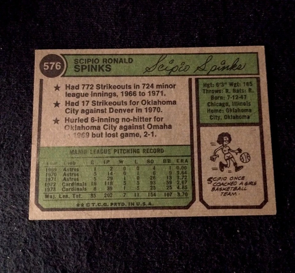 1974 Topps Baseball Card Scipio Spinks #576 St Louis Cardinals Near ...