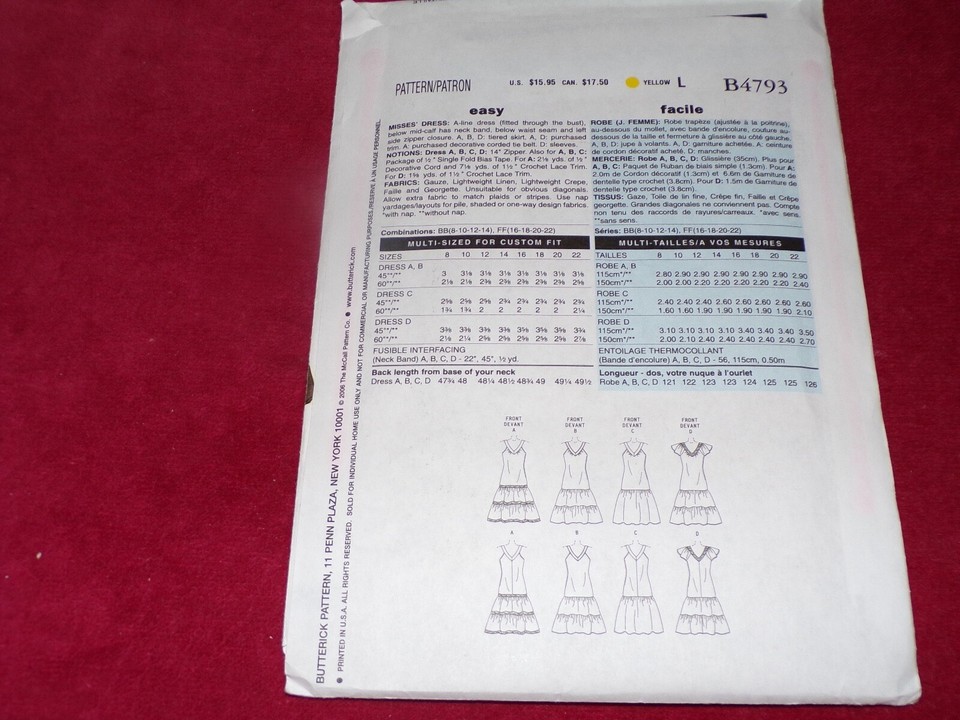 🌸 BUTTERICK #B4793 - LADIES SLEEVELESS TIERED BOHO STYLE DRESS PATTERN ...