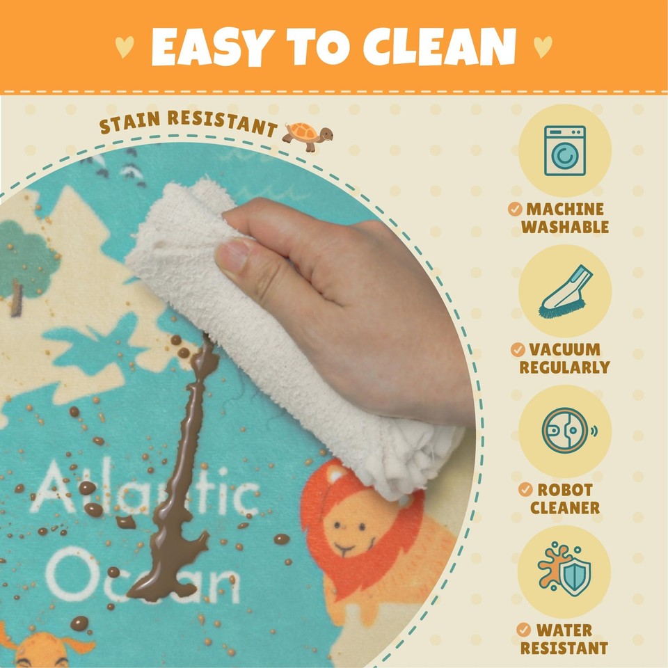 Washable Large Kids Room Rug with Animal – 6x9 Educational World Map ...
