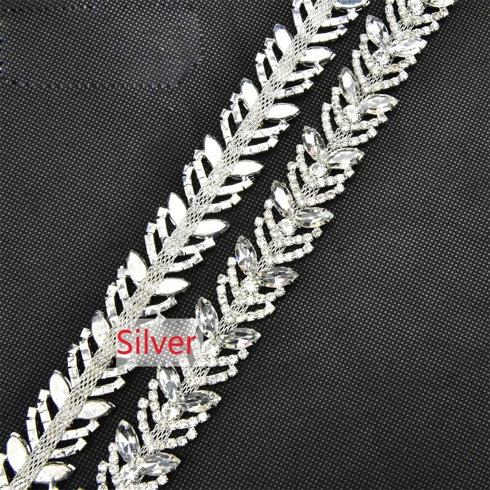 90cm Sparkly Rhinestone Beaded Leaves Applique Chain Trim DIY Jewelry ...