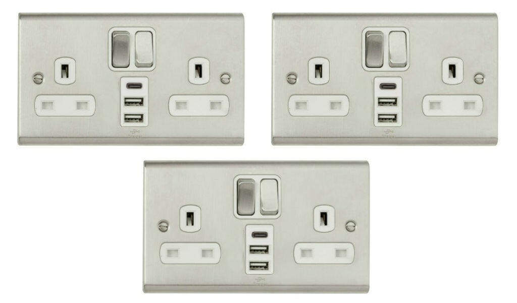 3 x Deta SD1288SSW Switched Sockets 13A 2 Gang & 3 x USB Ports ...