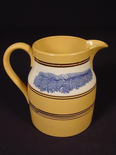 VERY RARE 1800s BROWN & BLUE MOCHA BANDED PITCHER MOCHAWARE YELLOW WARE ...