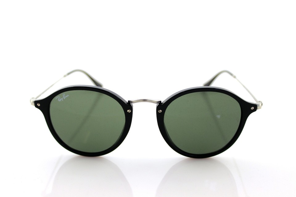 RARE New RAY-BAN ROUND FLECK Black Silver Green Glass Lens Sunglasses ...