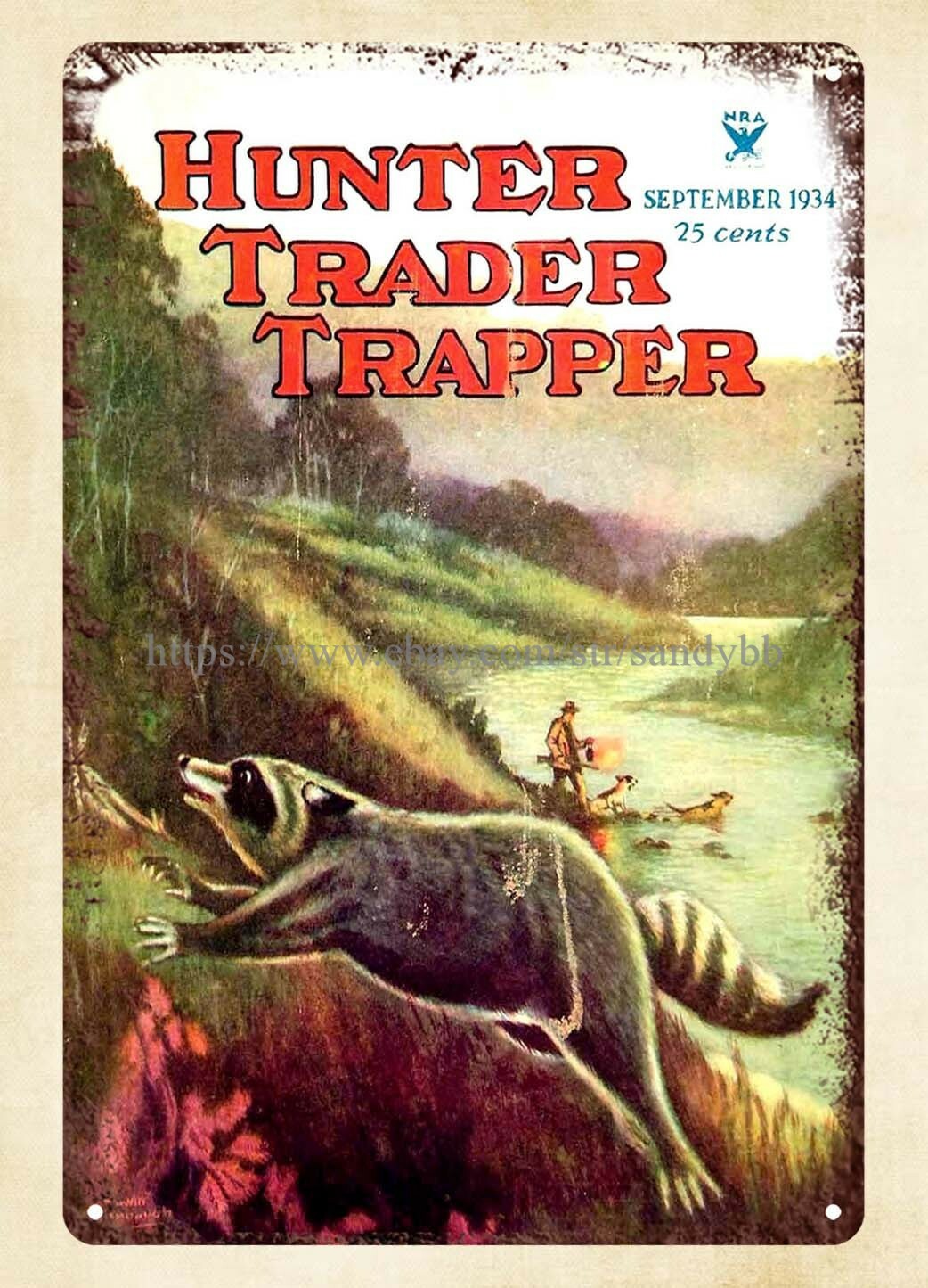 outdoor 1934 hunter trader trapper magazine cover hunting dog metal tin ...