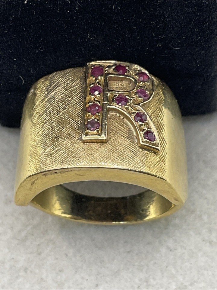 Solid 18K Yellow Gold Ruby Accents INITIAL LETTER “R” MEN’S SIGNET Ring ...