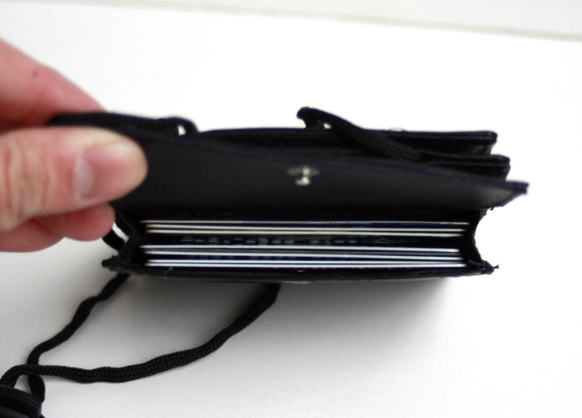 LEATHER WALLET ID Window Flap Pocket Card Slots Holder Adjustable Neck ...