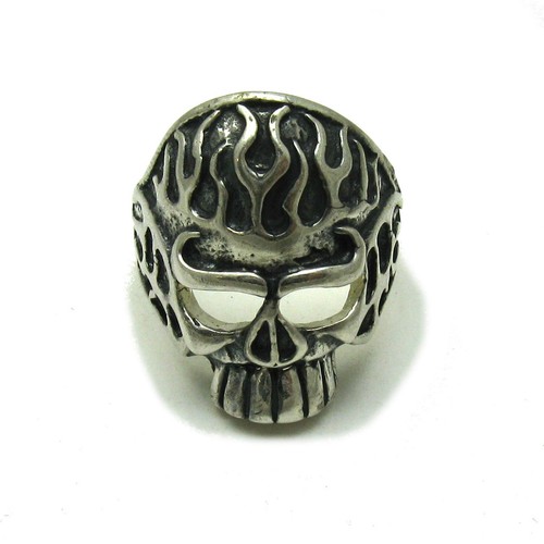 Sterling Silver Biker Ring Stamped Solid 925 Skull In Flames Handmade ...