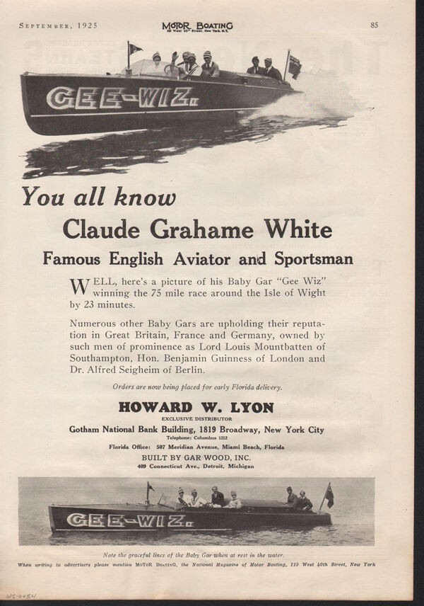 1925 GEE-WIZ CLAUDE GRAHAME WHITE SPORT AVIATOR LYON GAR WOOD DETROIT ...