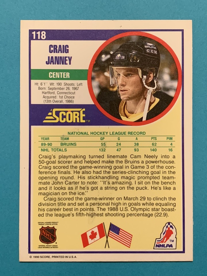 CRAIG JANNEY Signed 1990-91 Score #118 COYOTES-BRUINS-BLUES Autograph ...