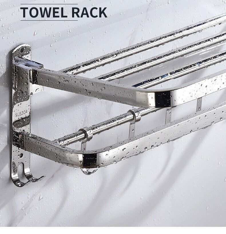 Double Tier Towel Rail Holder Wall Mounted Bathroom Rack Shelf With ...