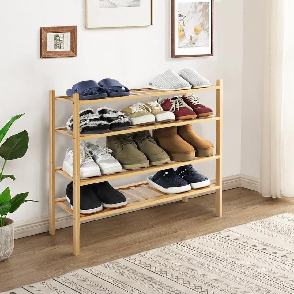 4-Tiers Bamboo Shoe Rack Stackable Free Standing Shoe Racks Portable ...