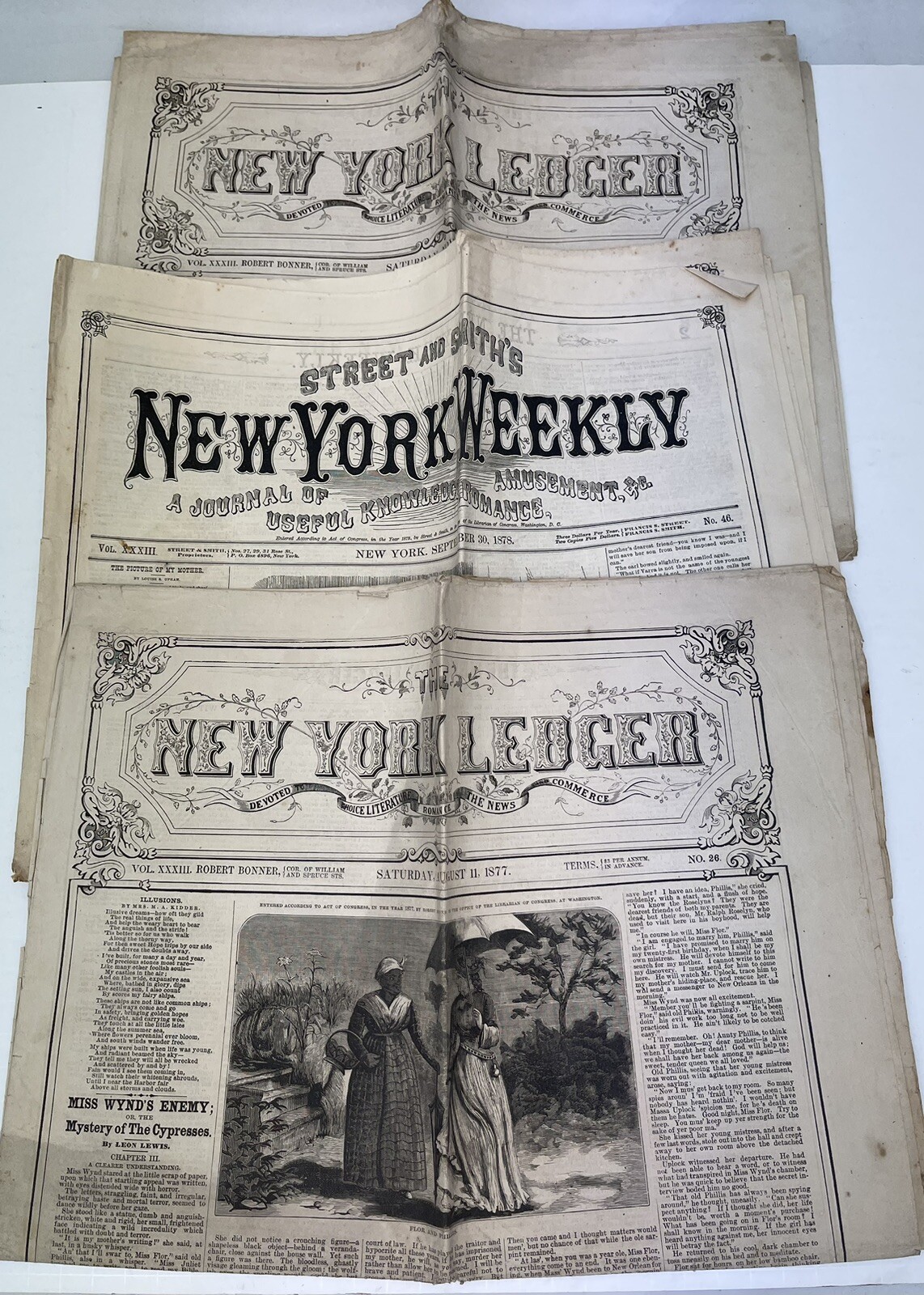 3 Antique Newspapers NY Ledgers NY Weekly 1877-1878 Fiction Stories ...