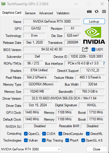 Dell GeForce RTX 3080 10GB GDDR6X Graphics Card (0Y5K9F) | eBay