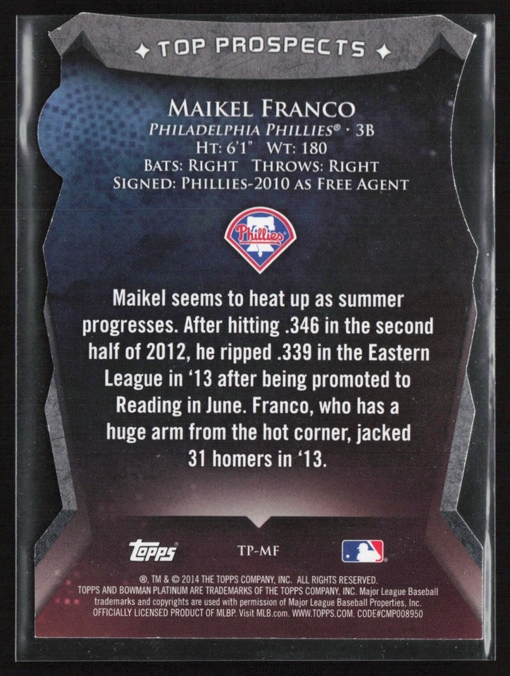 2014 Bowman Platinum #TP-MF Maikel Franco Top Prospects Die Cuts Card ...