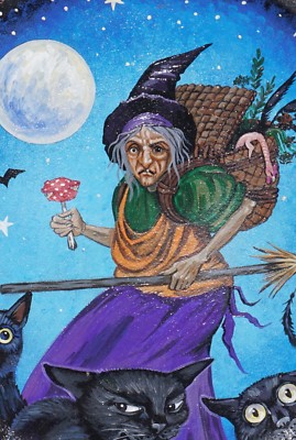 ORIGINAL FANTASY WITCH BAT ILLUSTRATION ART PAINTING NOIR PULP HORROR ...