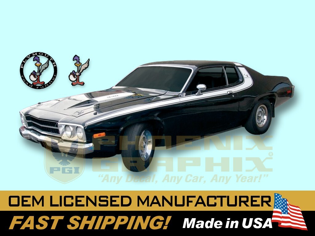 1973 Road Runner Stripe Side Roof Hood #s Birds Graphic Decals COMPLETE ...