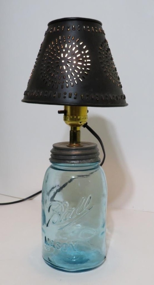 Vintage Primitive Blue Ball Mason Jar Lamp / Night Light with Punched ...