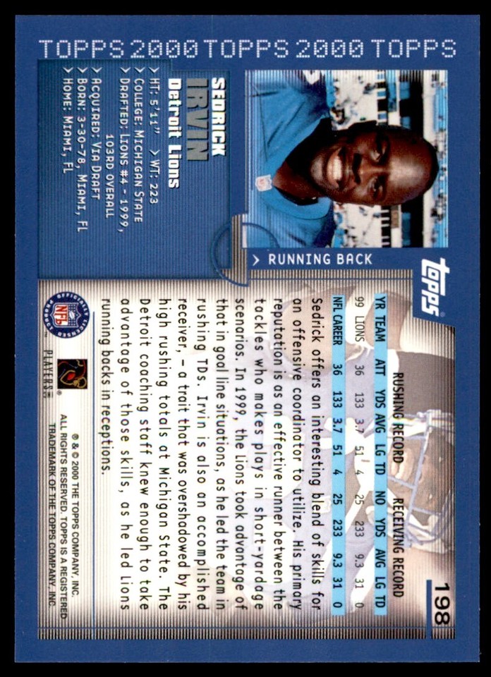 2000 TOPPS COLLECTION SEDRICK IRVIN DETROIT LIONS #198 | eBay