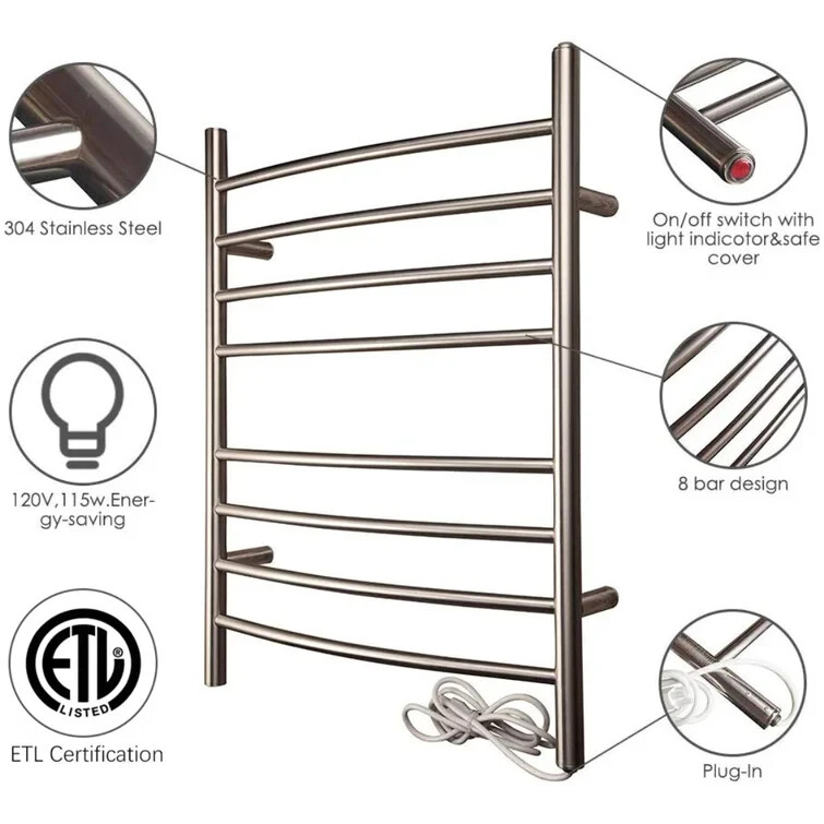 HEATGENE R6441 Towel Warmer 8 Bar Plug In Curved Bath Robe Heater for ...