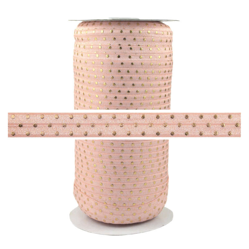 100 Yard Spool - Fold Over Elastic - Peach with Gold Metallic Dots - 5 ...