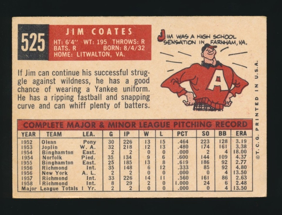 1959 Topps Baseball -#525 JIM COATES RC (New York Yankees) High # | eBay