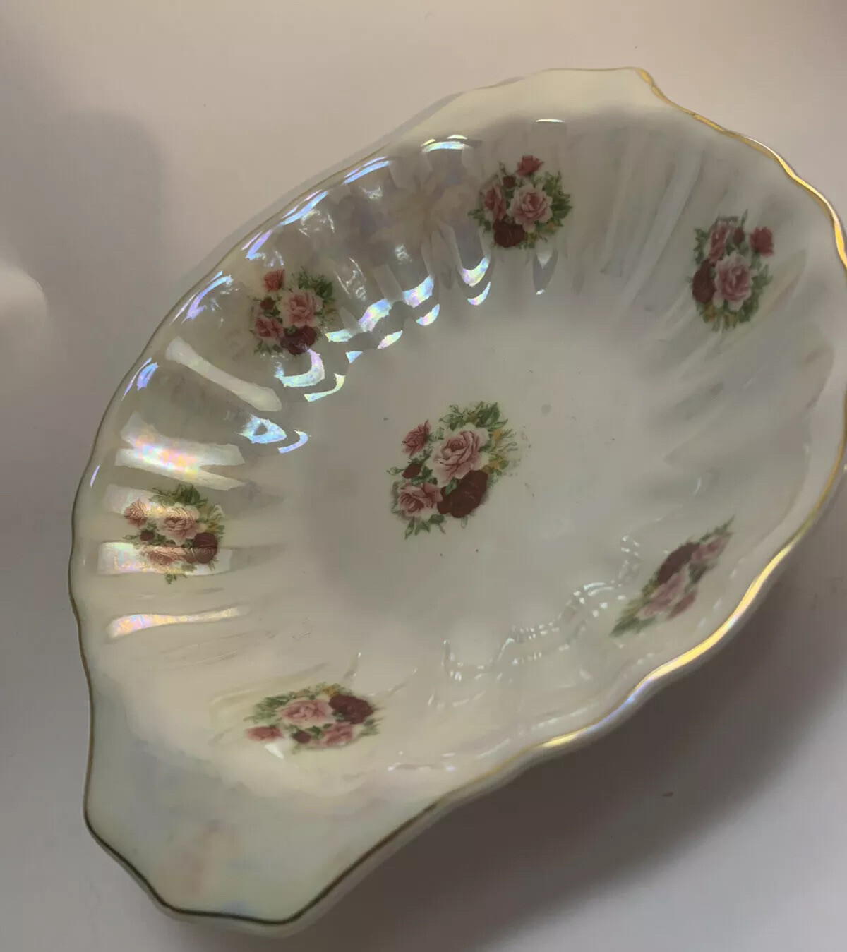 Lusterware Dish 2 Handles 7” Diam White & Floral Design Gold Rim Made ...
