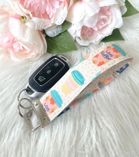 Coffee Cups Key Fob Keyring Wristlet / Swivel Clip Lanyard / Key Holder ...