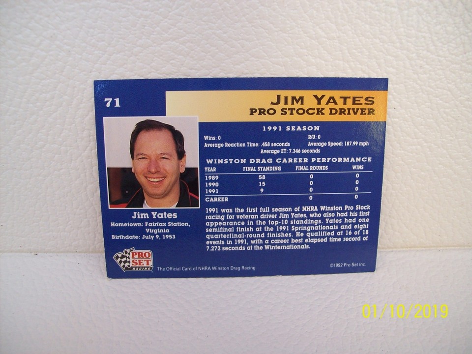 1992 Pro Set Racing JIM YATES SIGNED Card NHRA Pro Stock Driver / NHRA ...