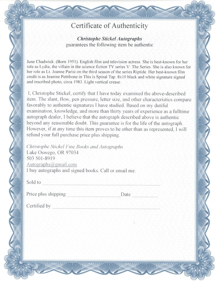 June Chadwick. Sci fi V TV series villain. Riptide. 8x10 b&w signed ...