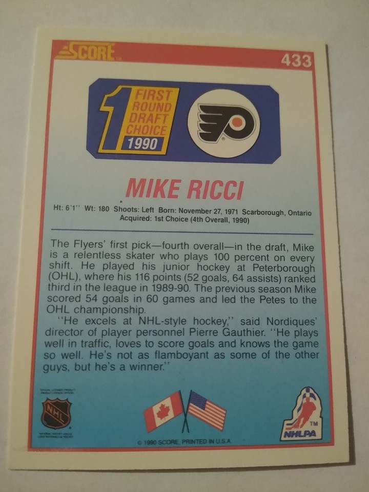 1990-91 MIKE RICCI SCORE NHL HOCKEY ROOKIE CARD RC #433 PHILADELPHIA ...
