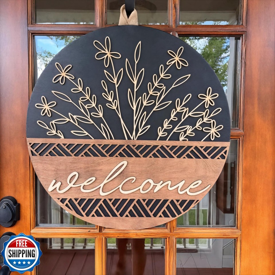 3D Welcome Sign for Front Door, Rustic Round Wood Wreaths Wall Hanging ...