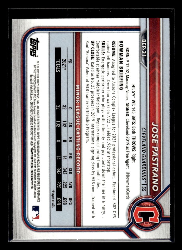 2022 Bowman #BCP-21 Jose Pastrano 1st Rookie Chrome Cleveland Guardians ...
