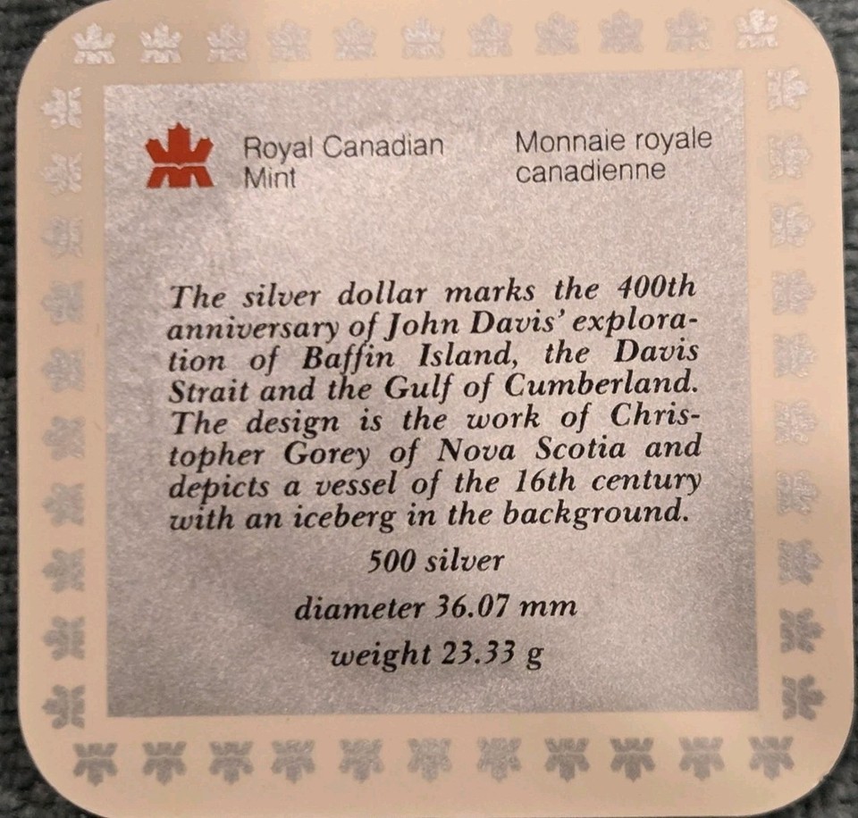 🇨🇦 CANADA 1987 Davis Strait 50% Silver Dollar Low Mintage Frosted Proof ...